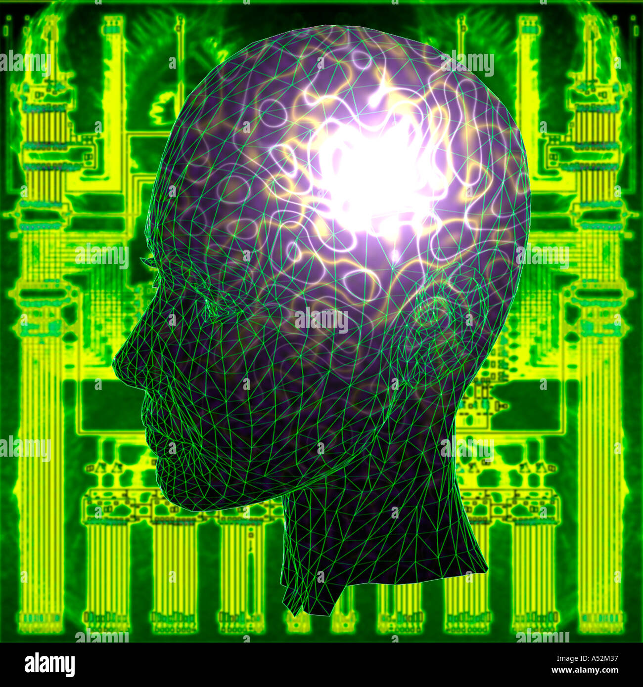 computer generated robotic head with circuit board background Stock ...