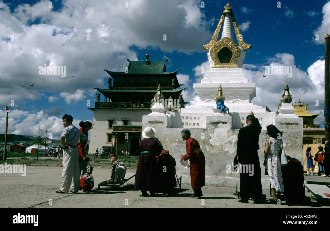 Mongolia Local Caption Ulan Batar Ganden Monastery Stupa with Pilgrims ...