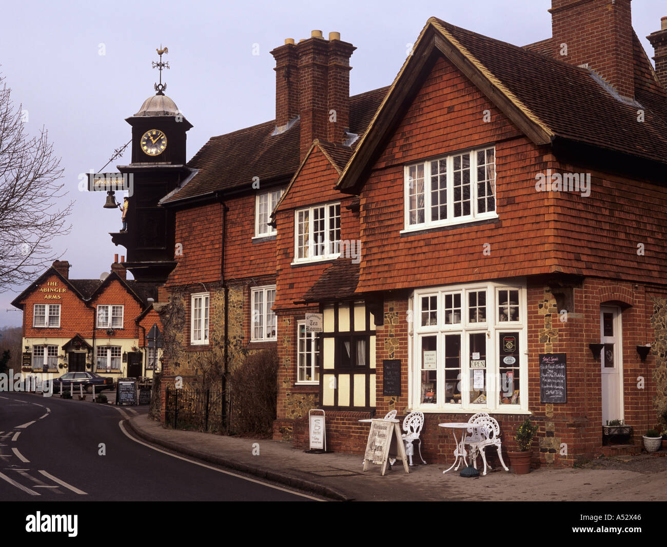 ABINGER CLOCK and HOUSE TEAROOM with Abinger Arms beyond Abinger Hammer ...