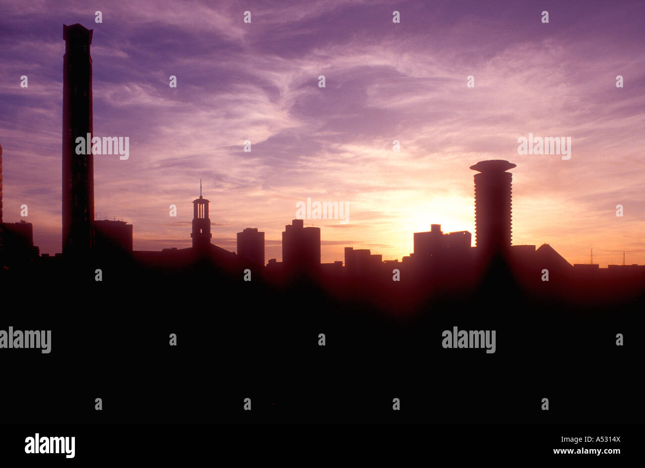 Nairobi city skyline as a silhouette against the dawn sky from ...