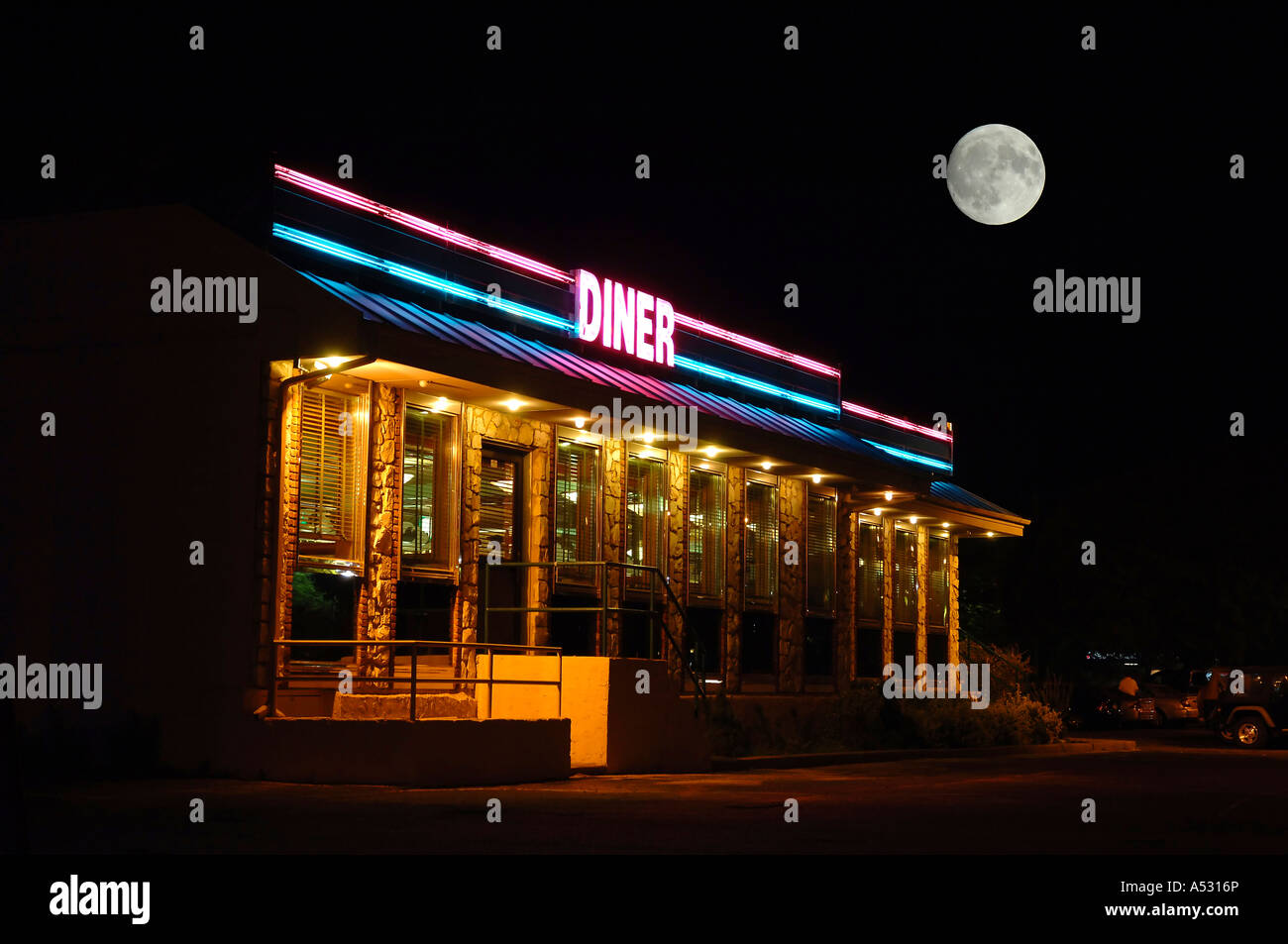 A typical United States roadside dining establishment under a big round ...