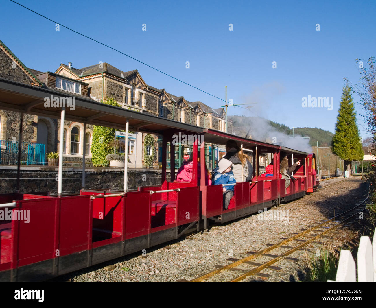Miniature railway steam train giving tourist rides in Conwy Valley ...