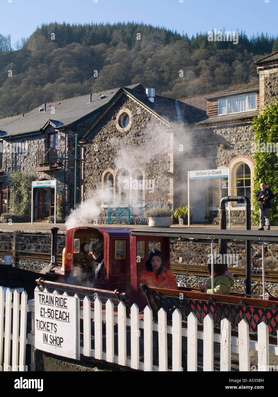 Miniature railway steam train giving tourist rides in Conwy Valley ...