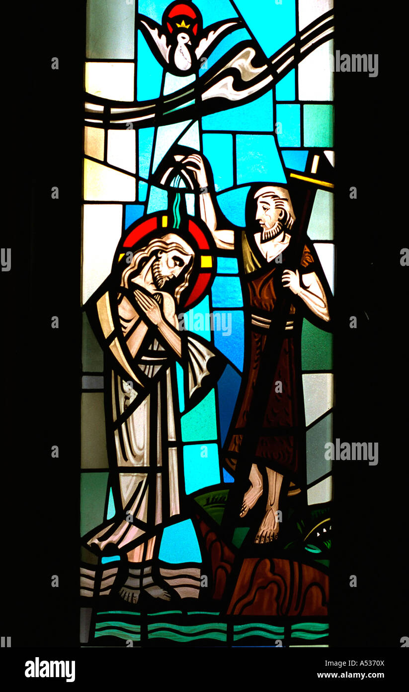 Stained glass window depicting Christ's baptism by John the Baptist. St ...