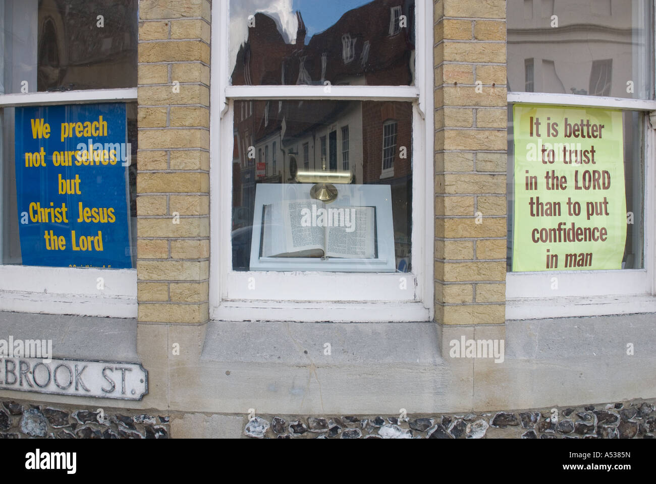 Religious prophecies on display in a chapel window Stock Photo - Alamy