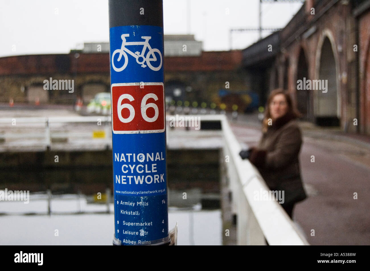 National Cycle Route sign at the Leeds and Liverpool Canal basin in ...