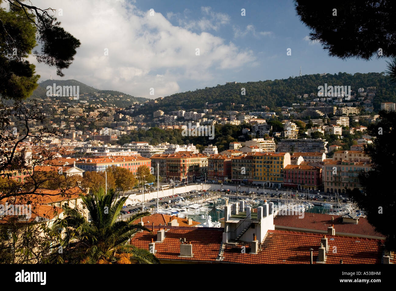 The view across rooftops towards Villefranche, Nice, Southern France ...