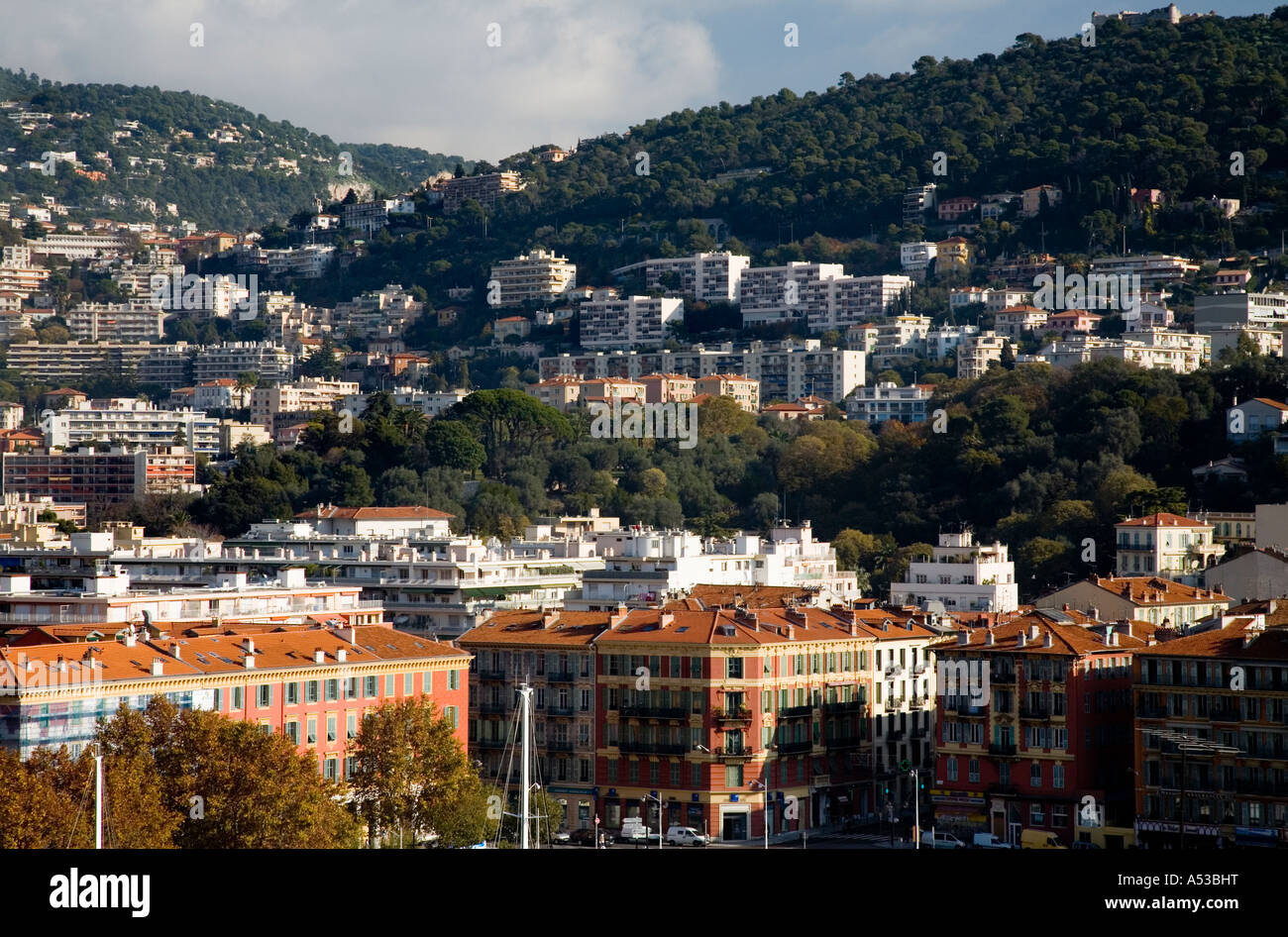 The view across rooftops towards Villefranche, Nice, Southern France ...