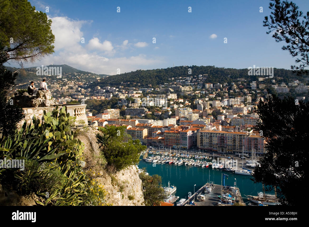 The lookout point at Le Chateau, over Port Lympia, Nice, towards ...