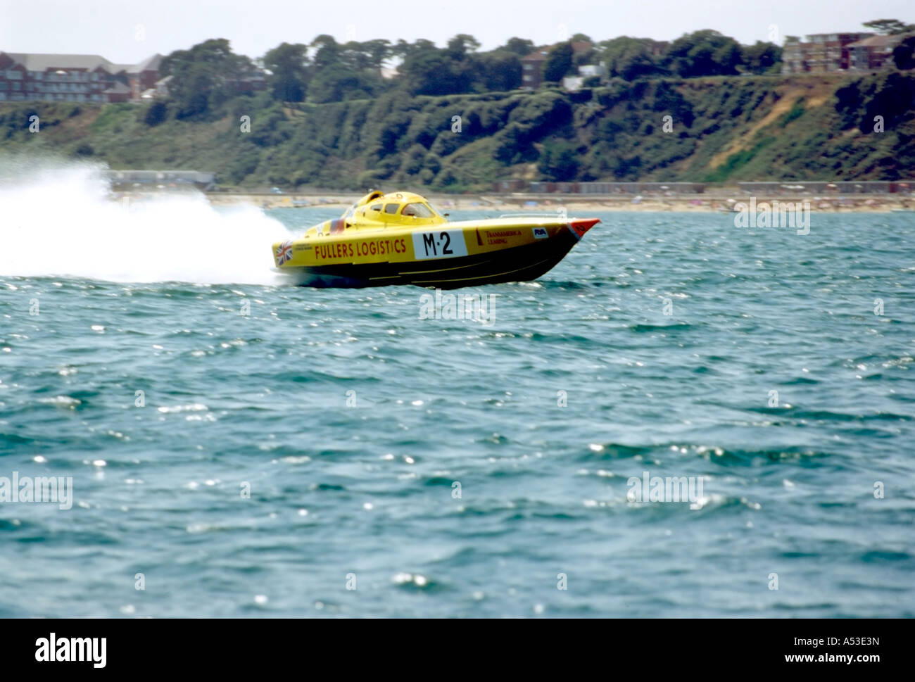 Colour landscape image of powerboat racing across water Stock Photo - Alamy