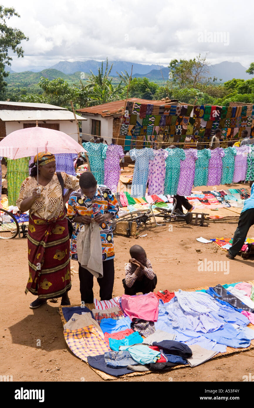 Clothing on sale at the Saturday market in the village of Nkhoma Malawi ...