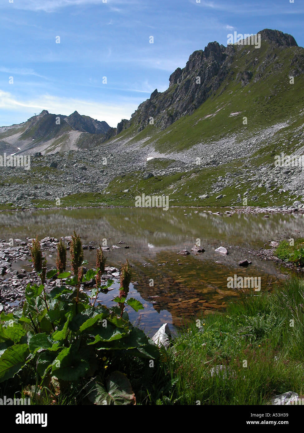 Mountain and the Lac des Inversens above La Plagne in Savoie, French ...