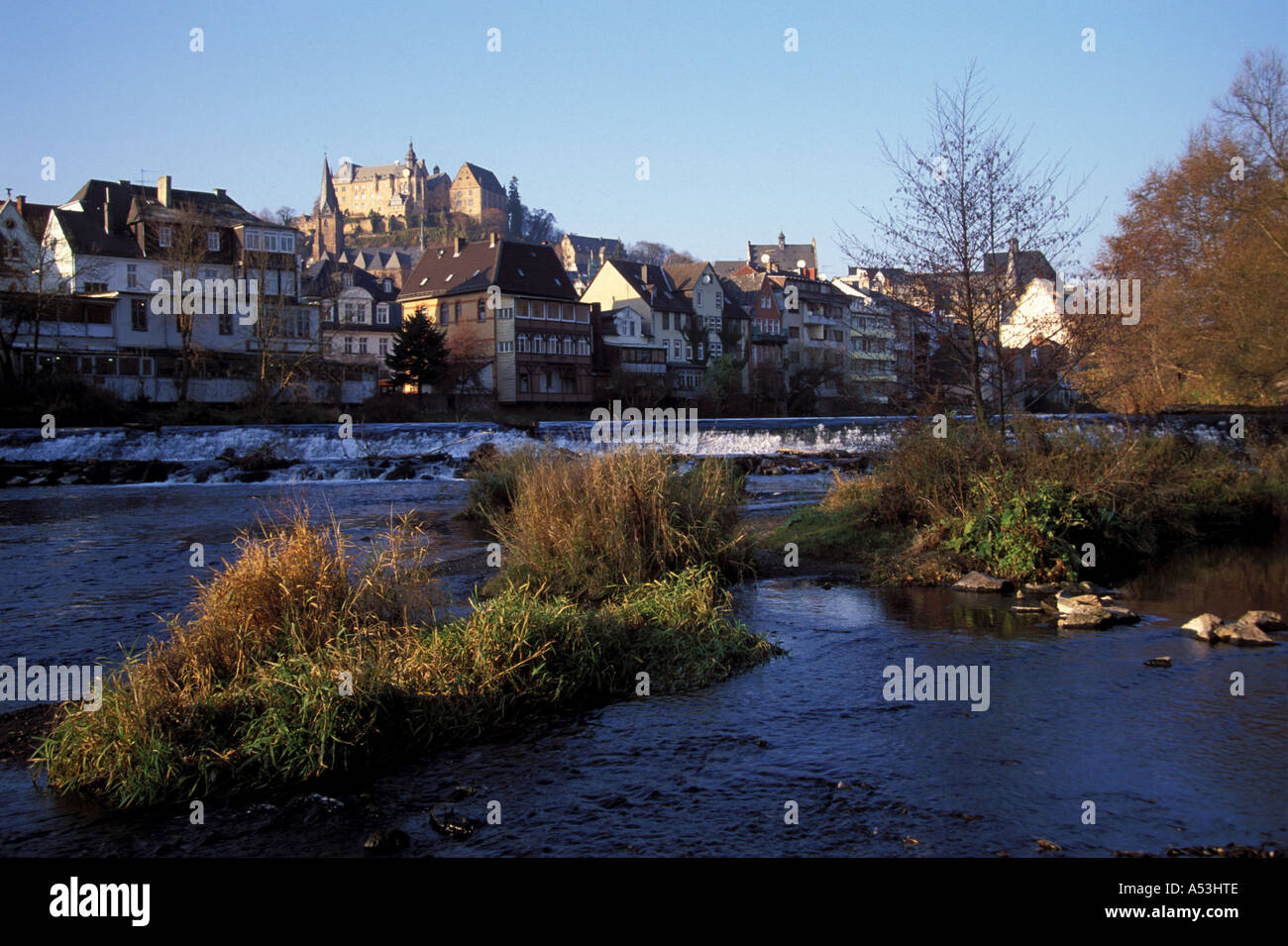 Marburg at the Lahn river, view of the pitoresque small town from the ...