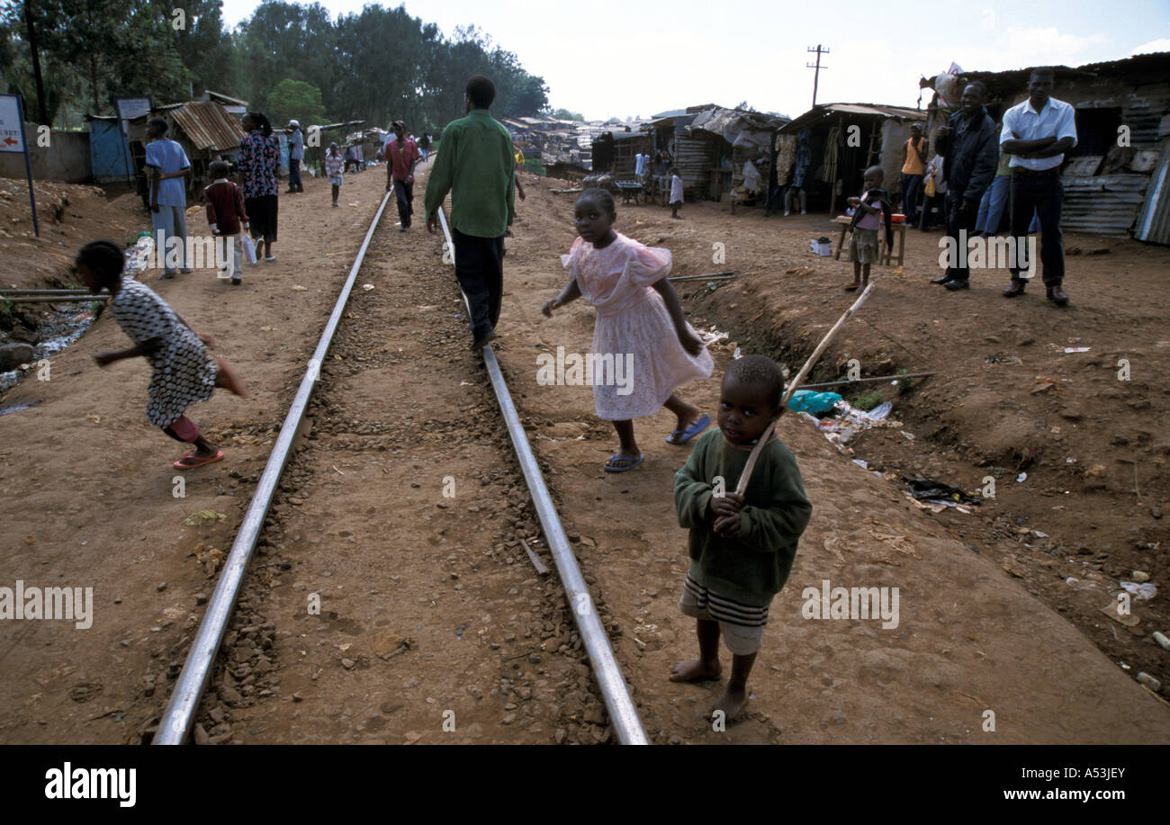 Painet ha0921 6248 play on railroad tracks kenya kibera slum nairobi ...