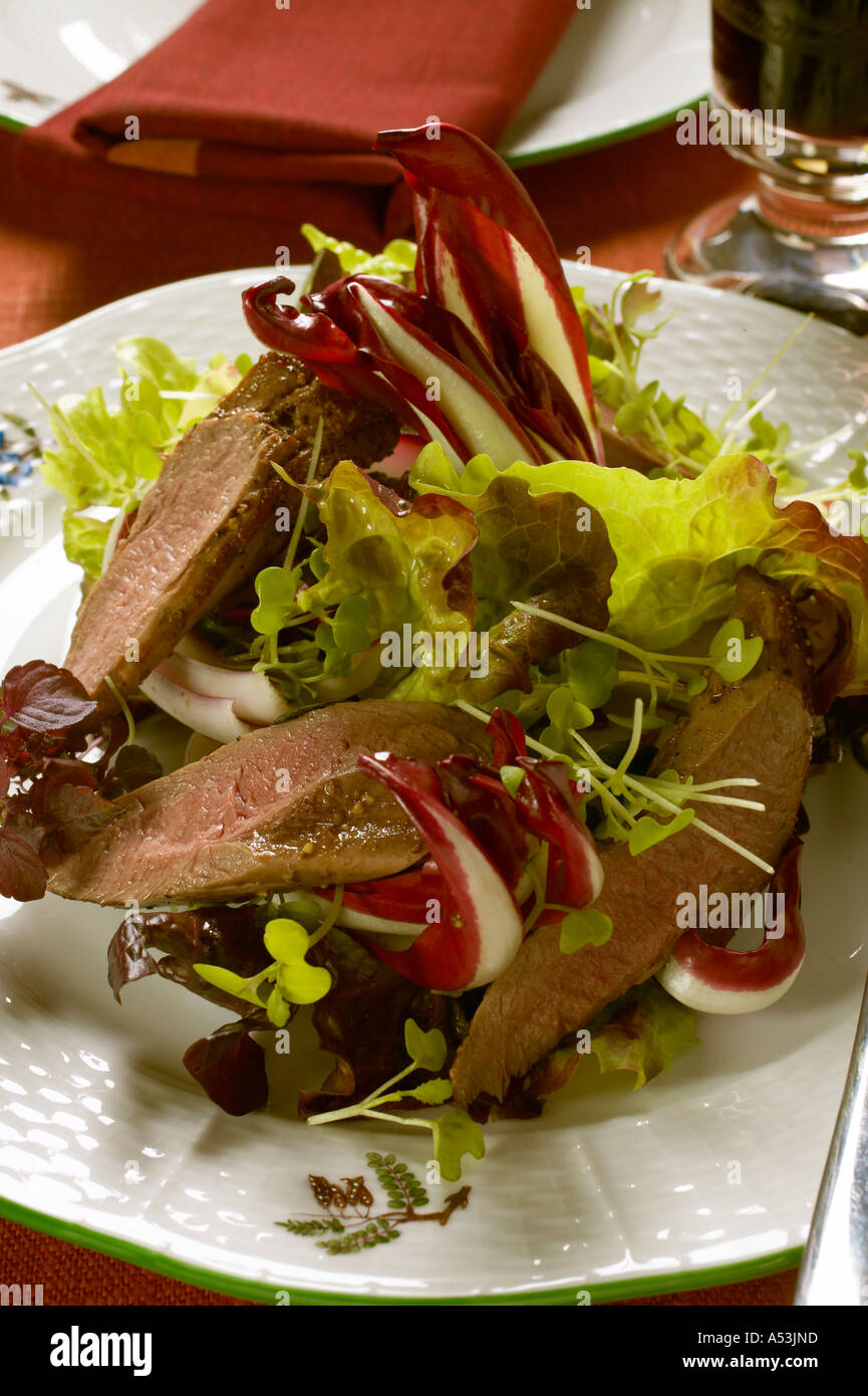 Autumn salad with roast venison fillets Stock Photo - Alamy