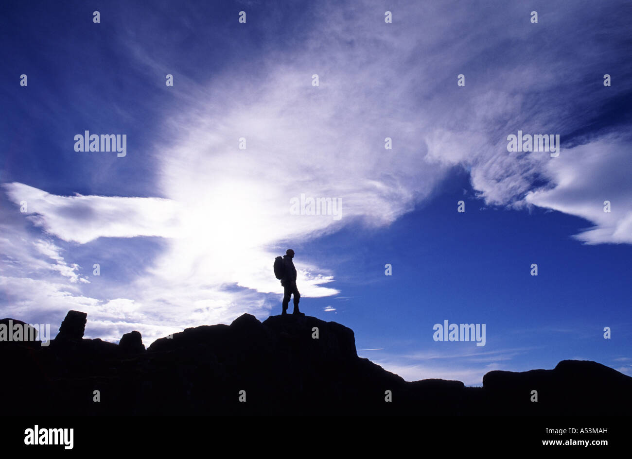 A walker on the summit of Bowfell in the Lake District Stock Photo - Alamy