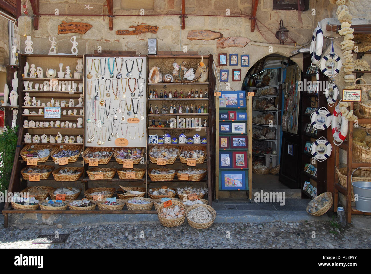 A tourist shop selling ceramics and shells in Rhodes old town, Rhodes ...