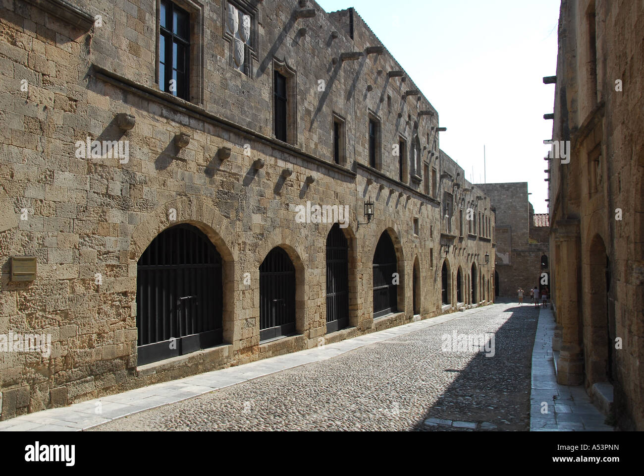 View looking down the medieval Street of the Knights in Rhodes Town ...