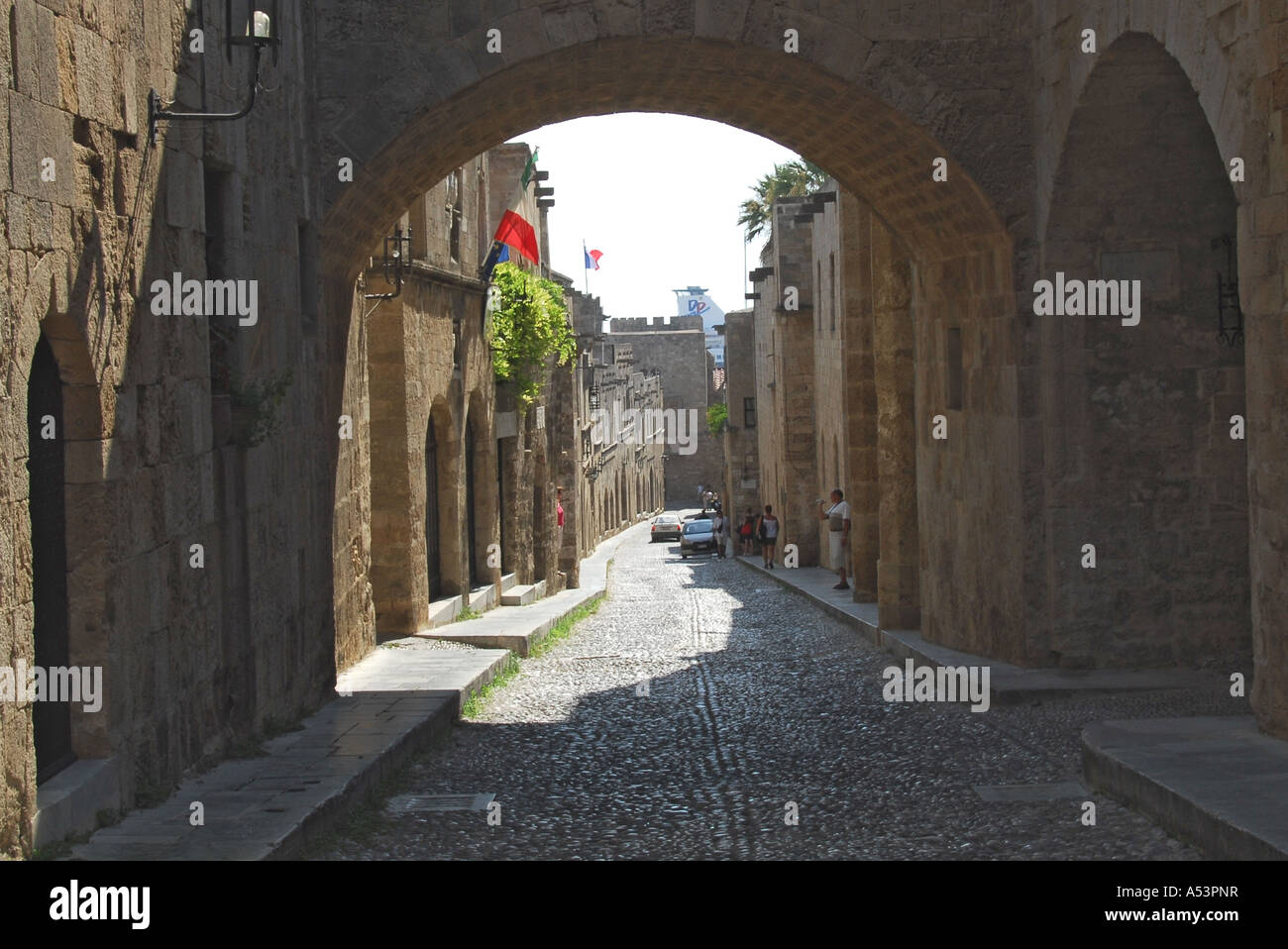 View looking down the medieval Street of the Knights in Rhodes Town ...