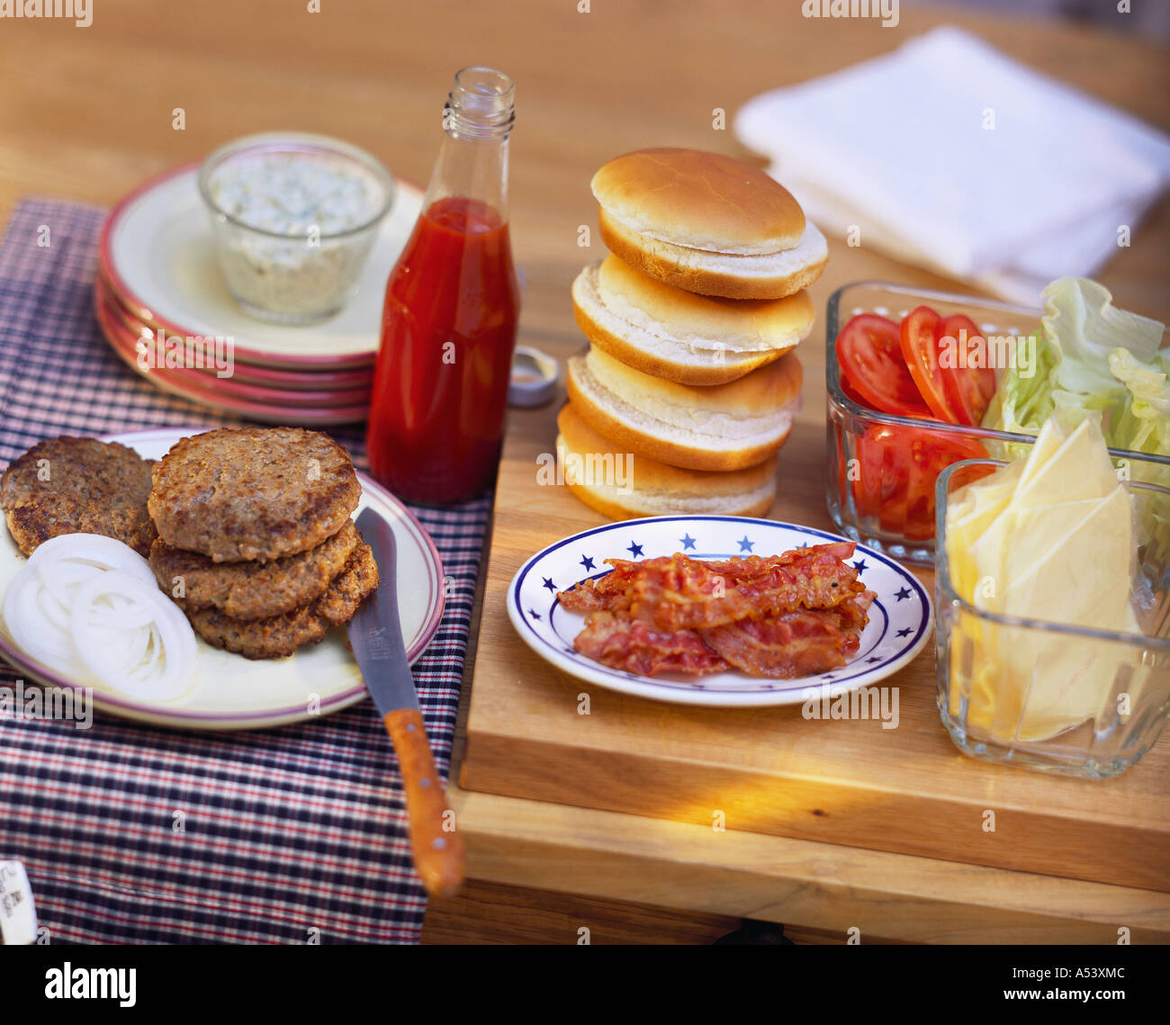 Still life with ingredients for burgers Stock Photo - Alamy