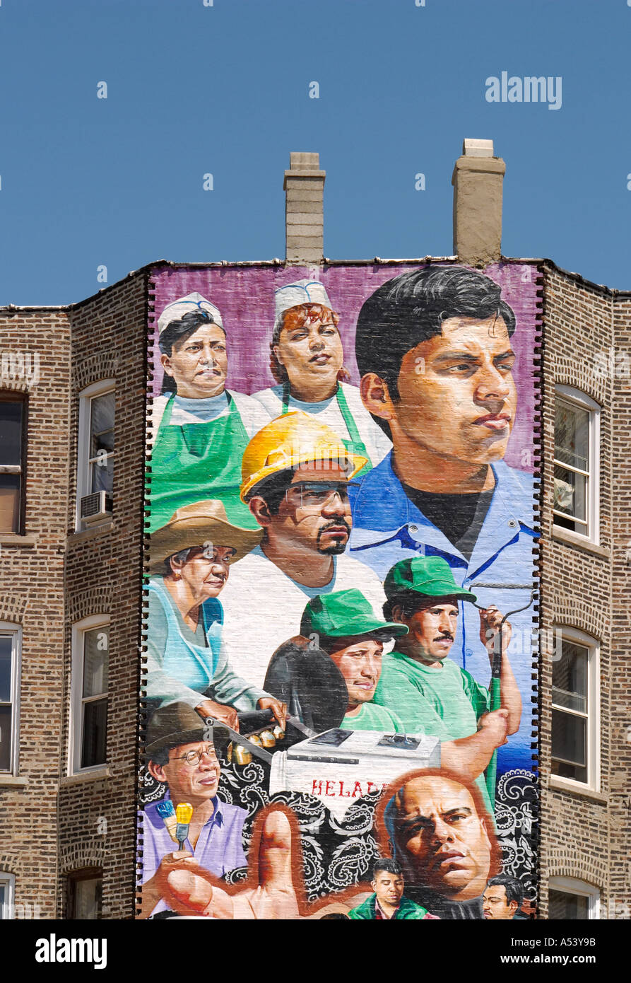 STREET SCENE Chicago Illinois Mural on building Hispanic Pilsen ...