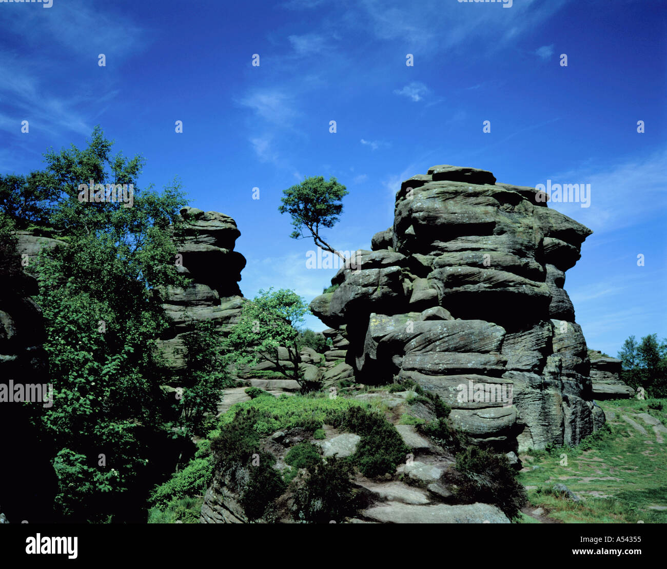 Strangely eroded rock formations of Brimham Rocks, near Pateley Bridge ...