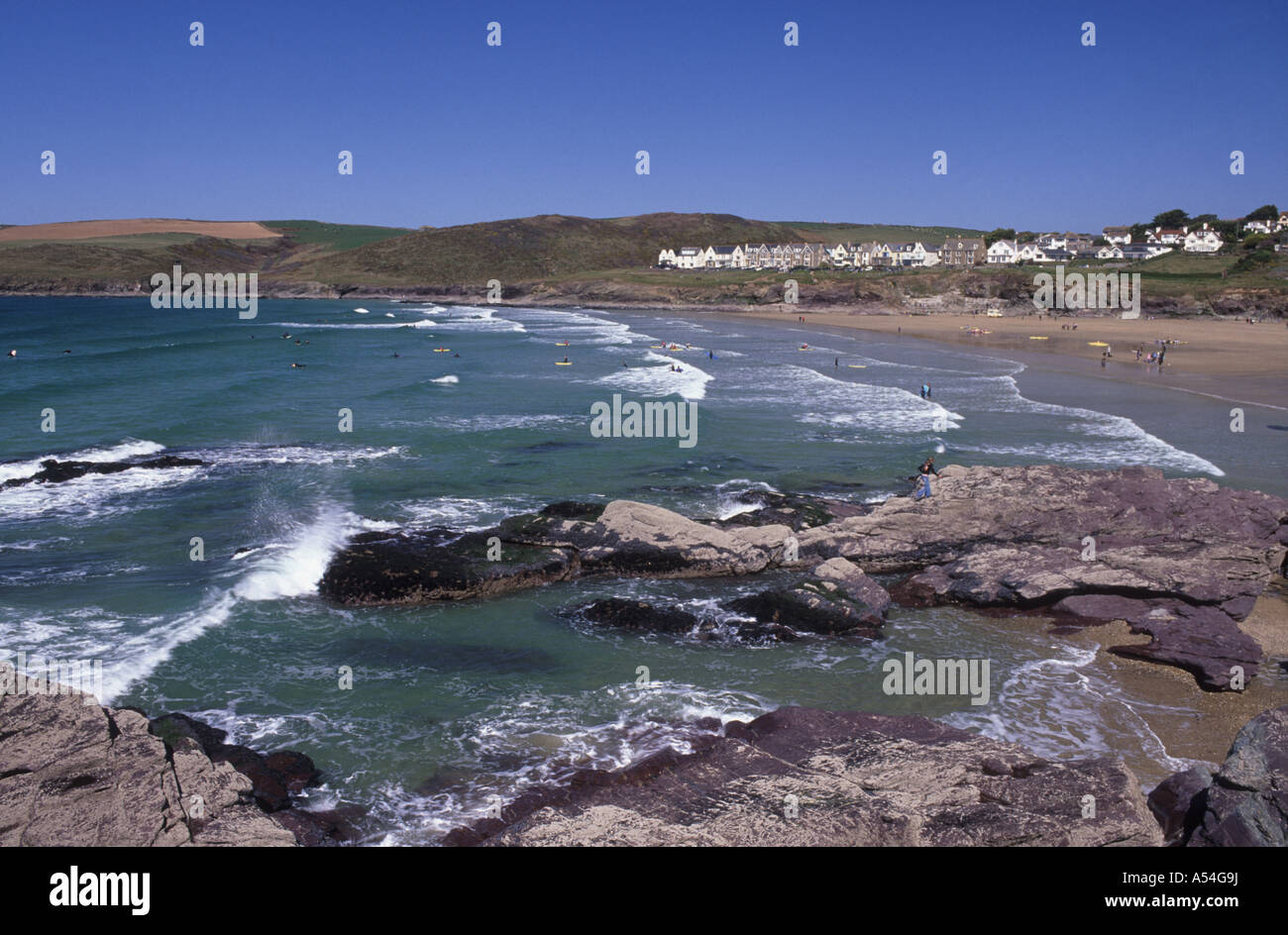 Polzeath beach in Cornwall, known for its ideal surfing waves. XPL 4752 ...