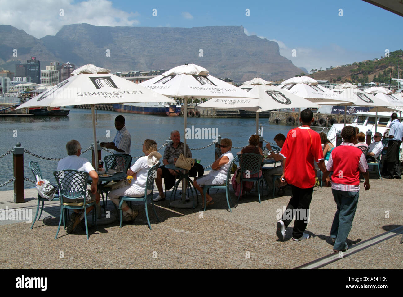 Cape Town waterfront restaurant and Table Mountain. South Africa RSA ...