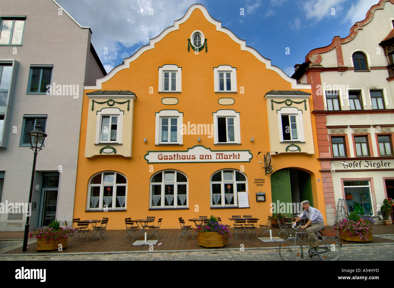 Restaurant in Dorfen at the market square, Upper Bavaria, Germany Stock ...