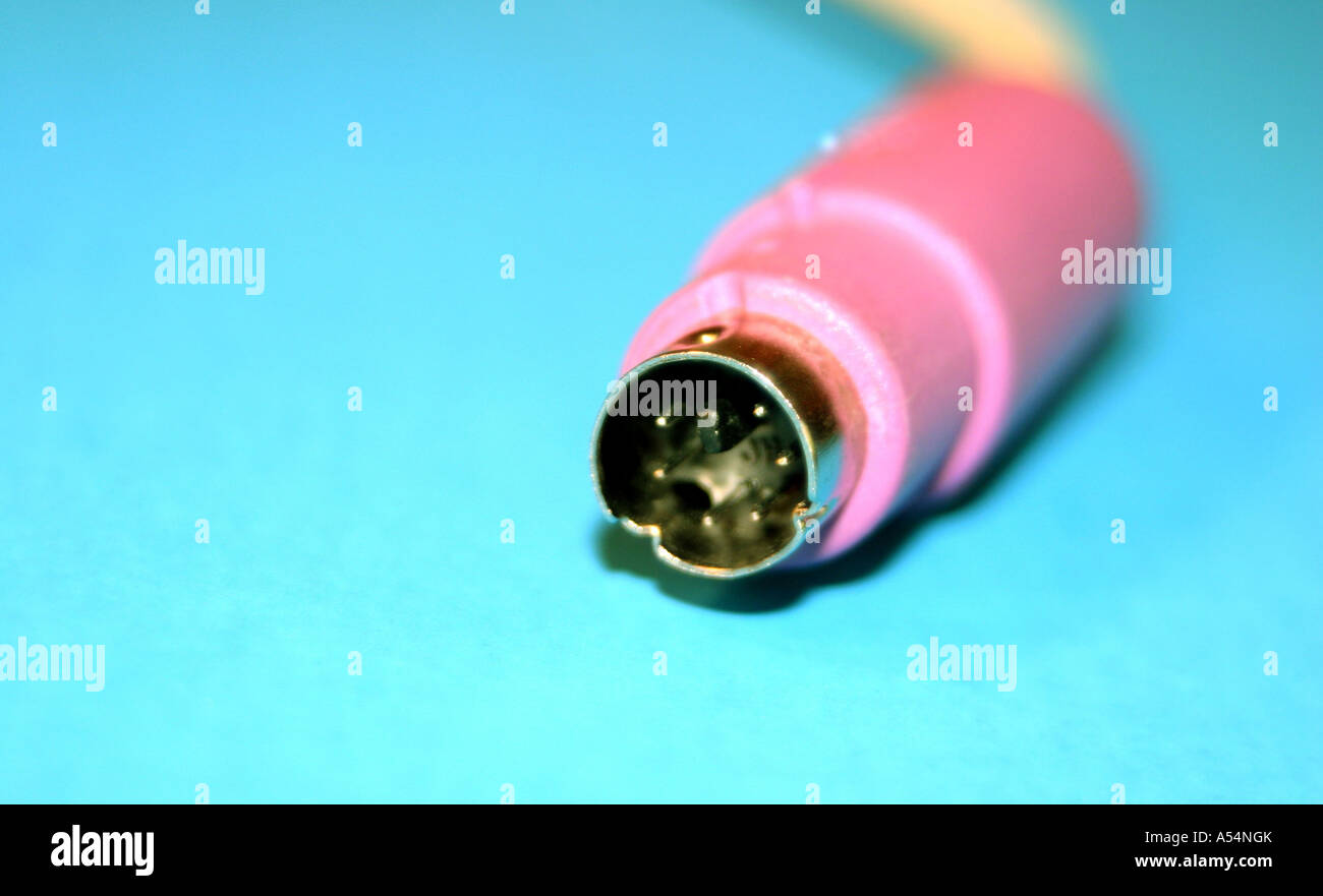 Pink computer plug in against a blue background Stock Photo - Alamy
