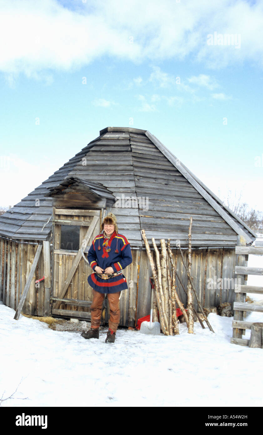 Nils Ante Kuhumen Sami Lapp reindeer herder in traditional handmade ...