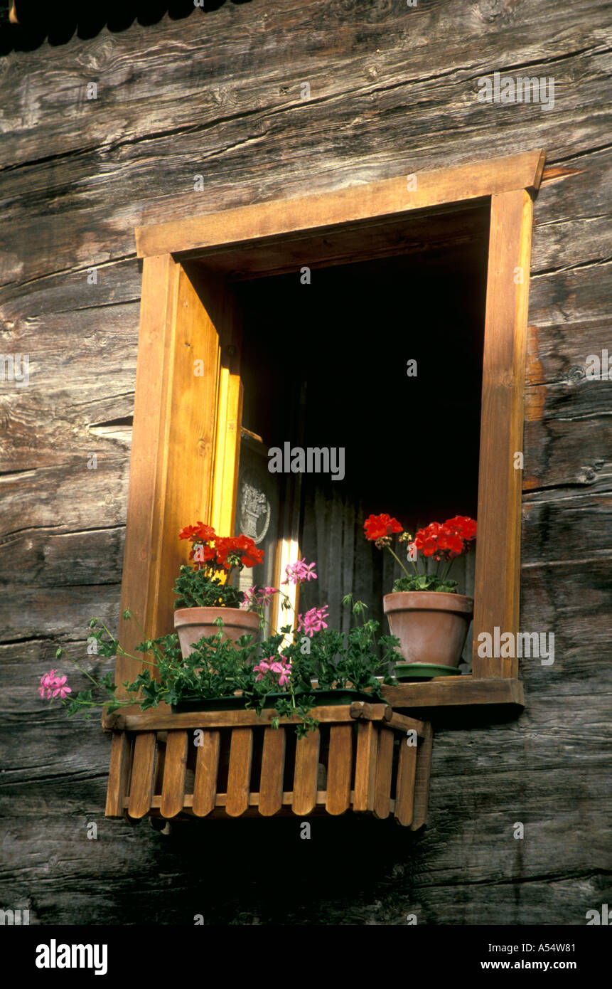 Europe Switzerland Zermatt window detail of a wood building with ...