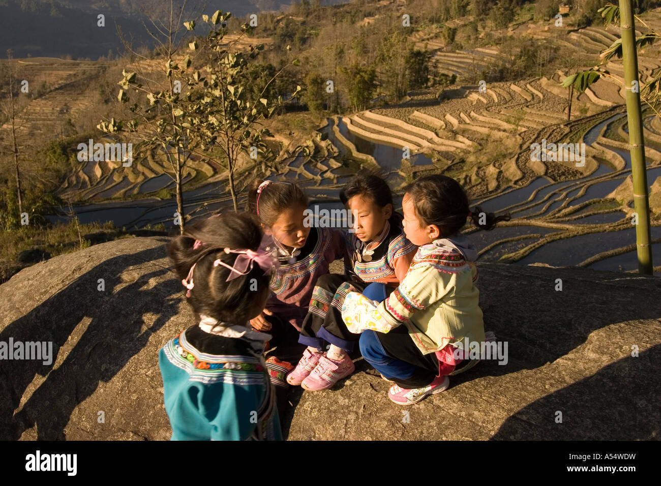 Village girls and veiw of terraced water filled fields Yuanyang China ...