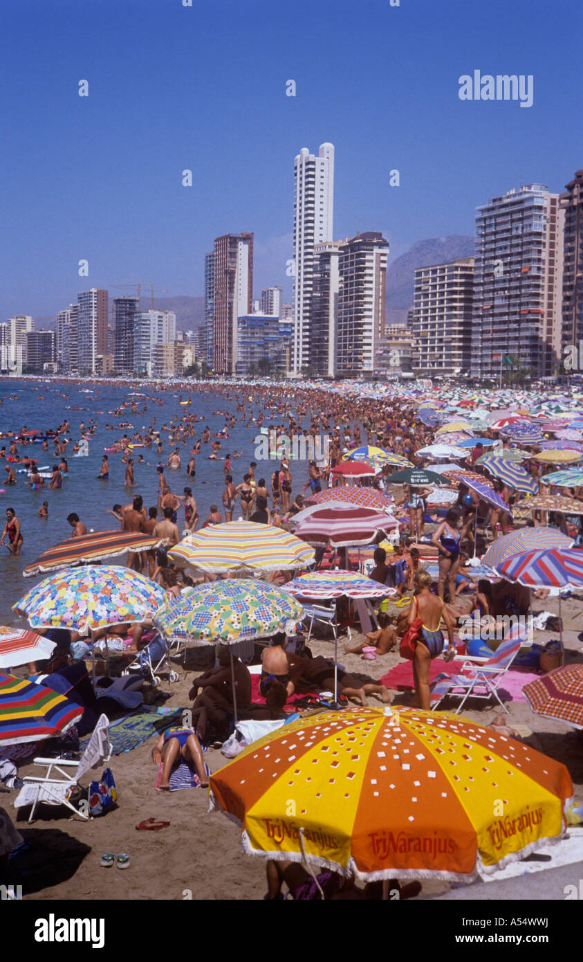 Playa Levante, crowded beach, Benidorm, Alicante Province, Spain Stock ...