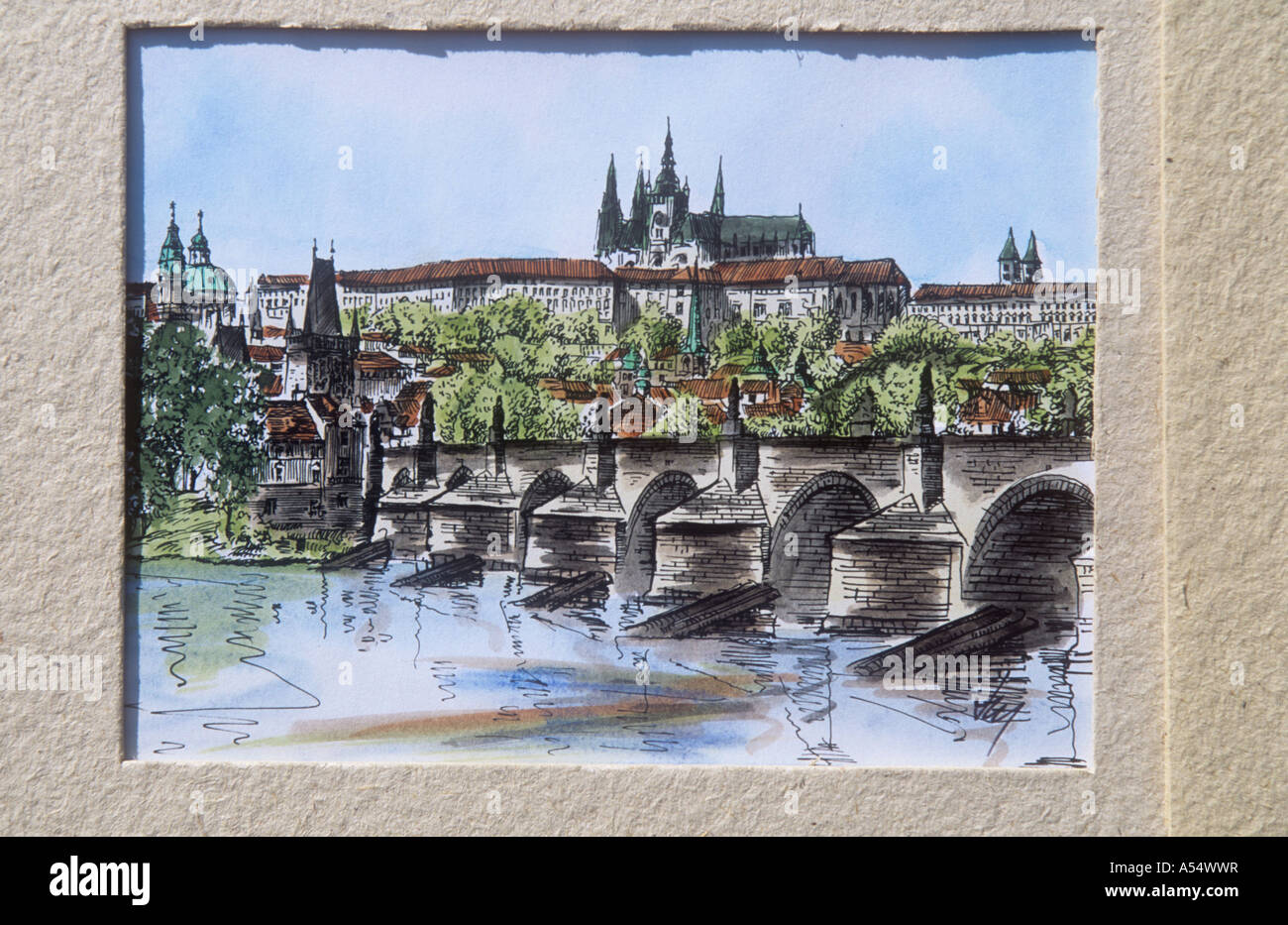 colur etching of Charles Bridge, Prague, Czech Republic Stock Photo - Alamy