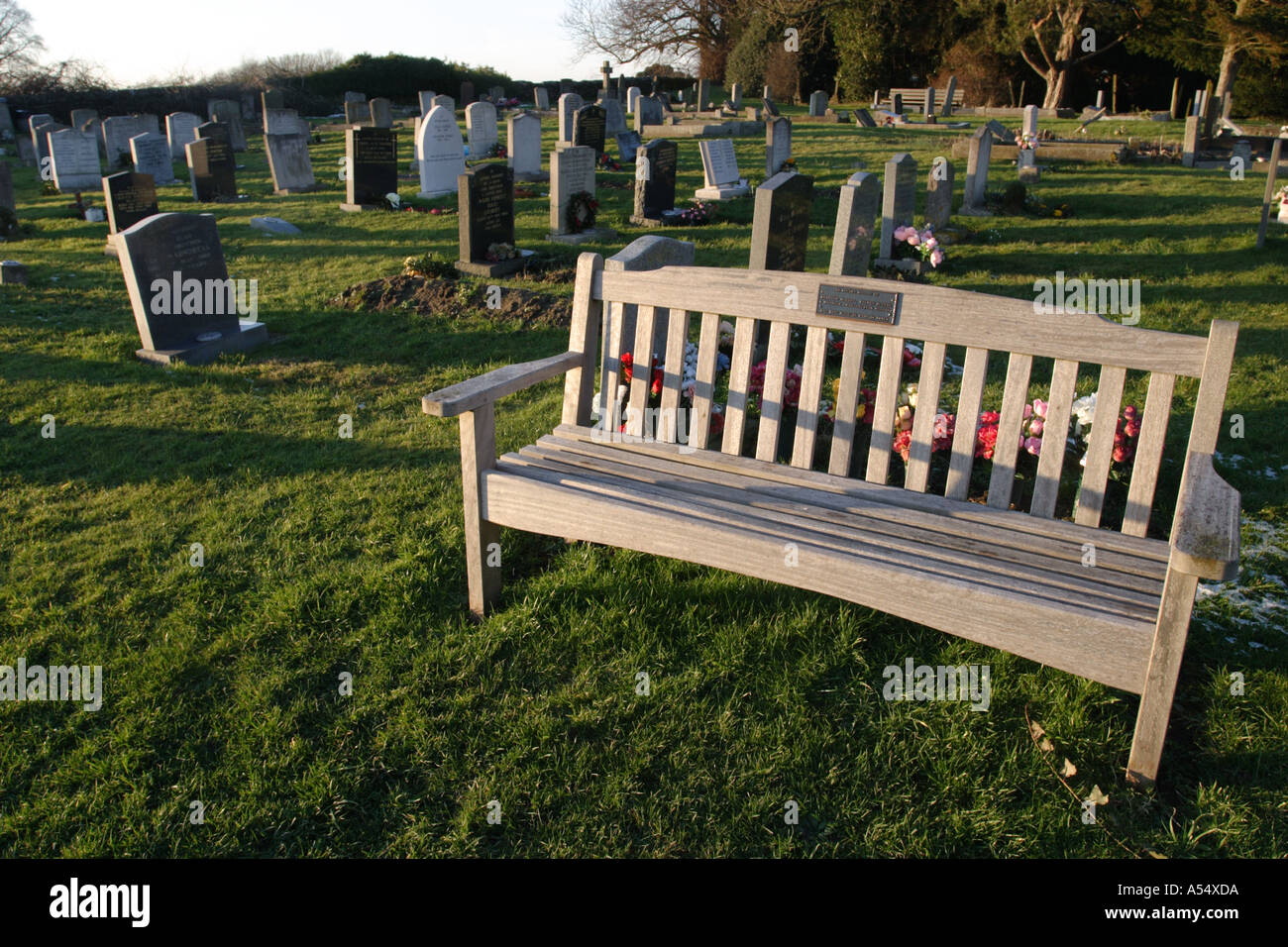 Empty bench in graveyard Stock Photo - Alamy