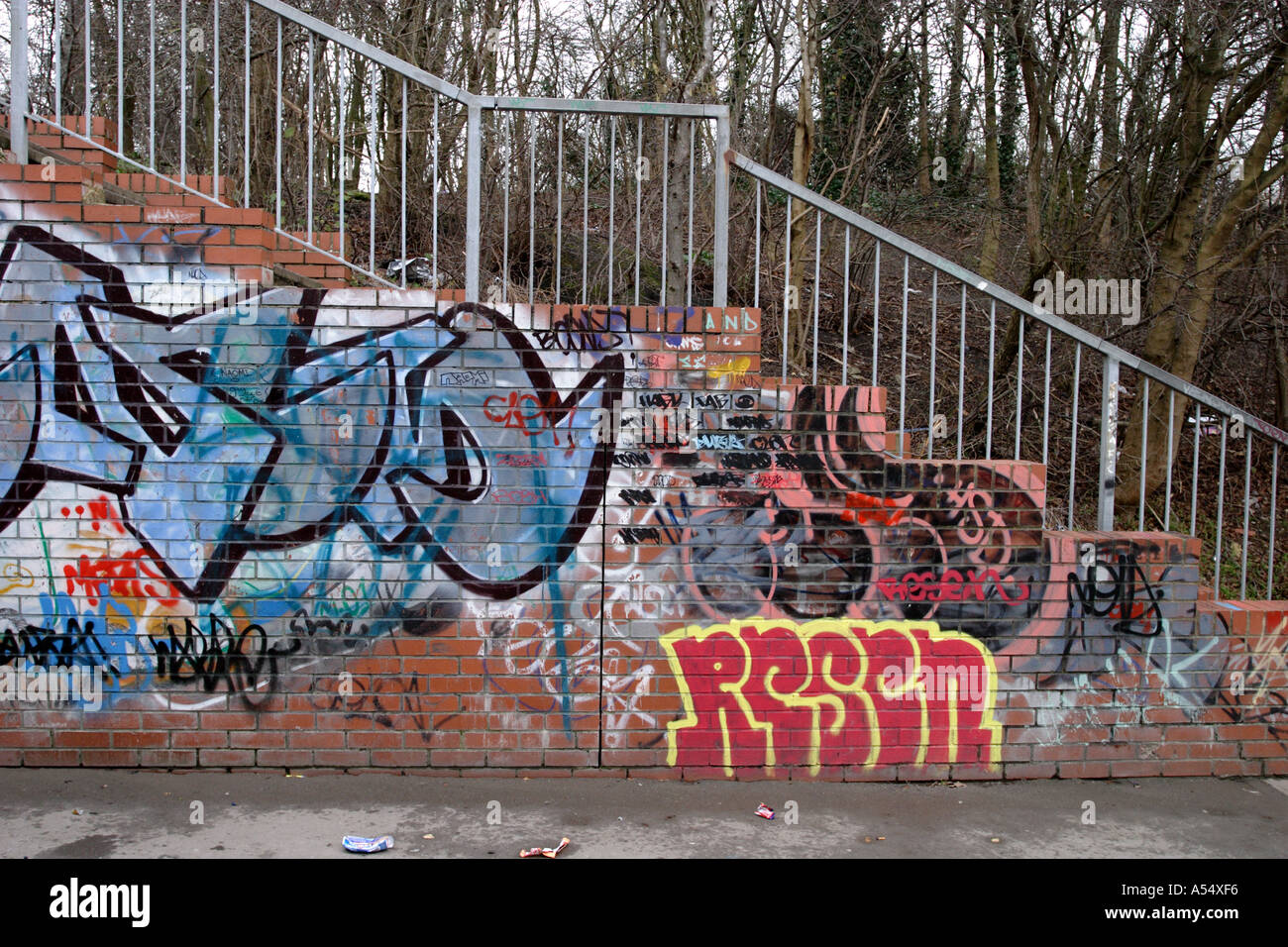 Random graffiti and tags on brick wall in Swindon Wiltshire Stock Photo ...