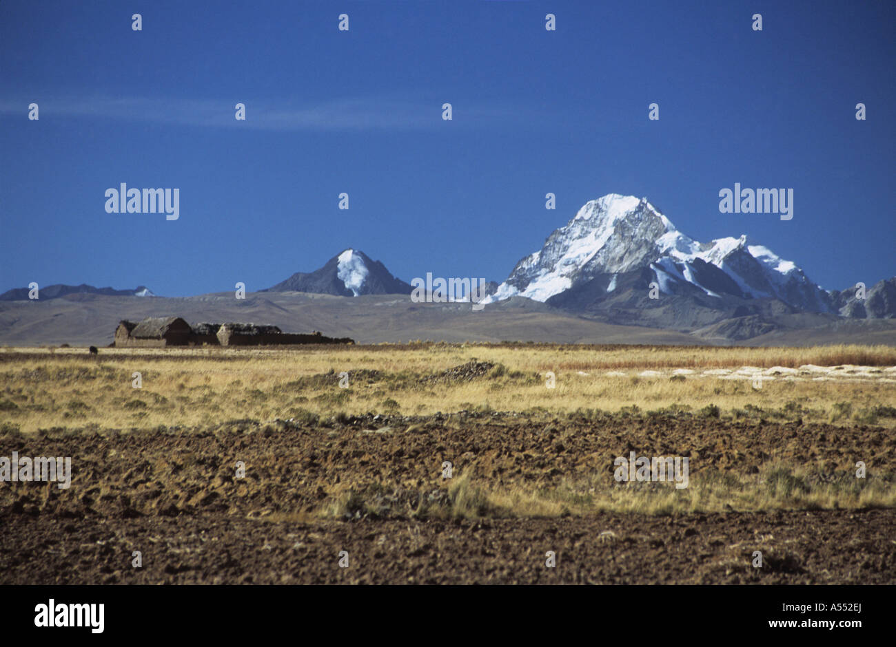Mt Huayna Potosi and farm on altiplano near Laja, Cordillera Real ...