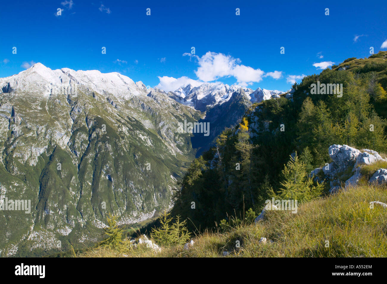 View over the valley of to Vrh Krnice from Svinjak near Bovec ...