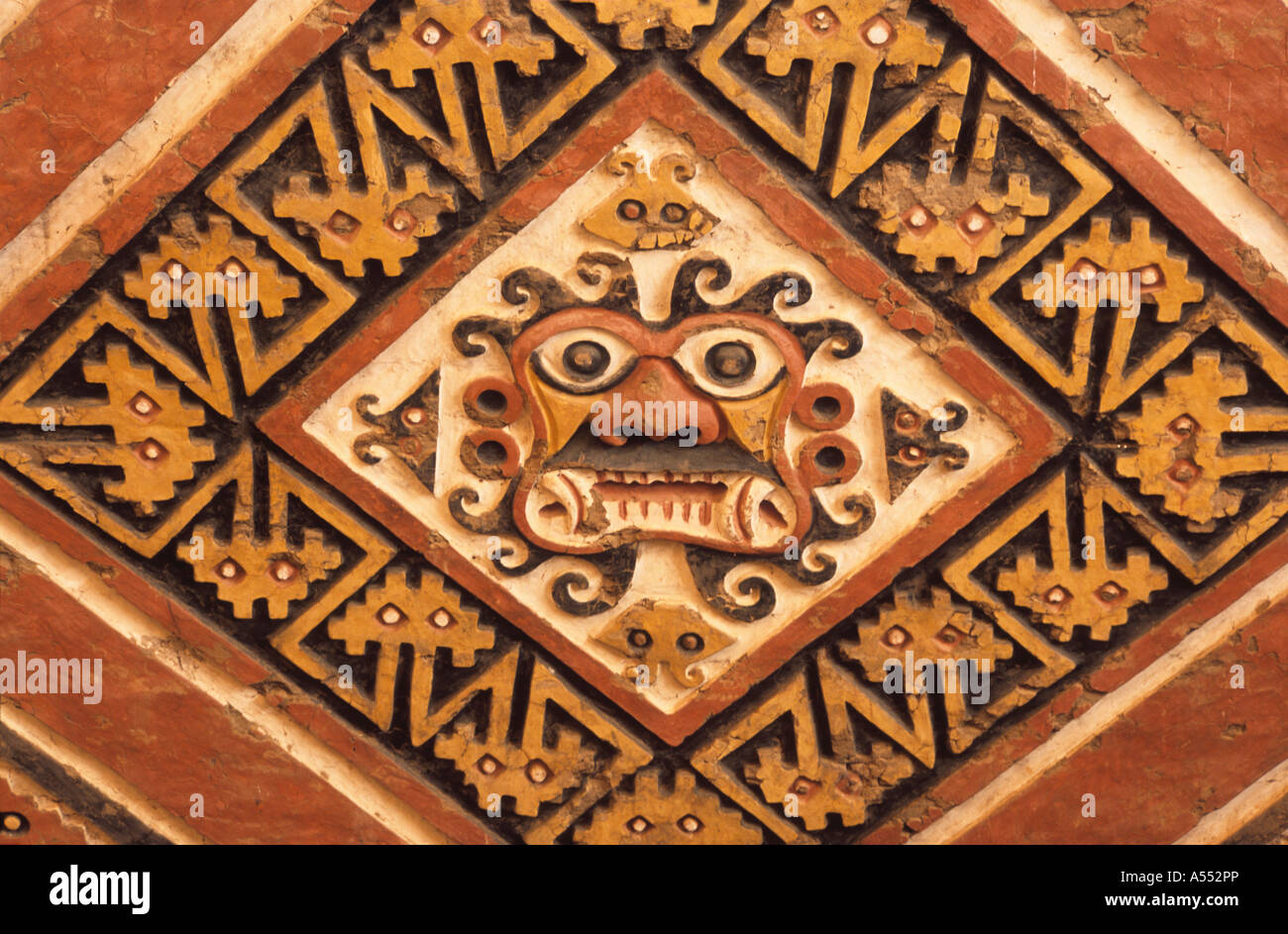 Close up of Moche god Ai Apaec or " The Decapitator ", Huaca de la Luna ...