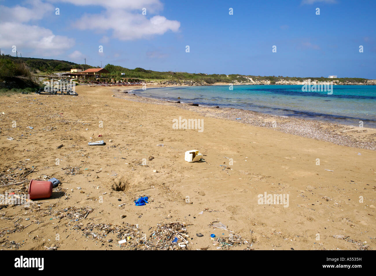 Northern Cyprus, Karpas Peninsular, litter strewn beach near ...