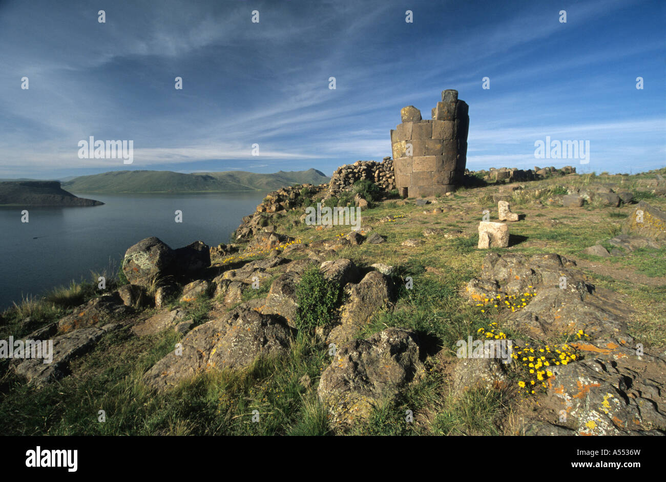 Inca period stone chulpa or burial tower at Sillustani, Lake Umayo in ...