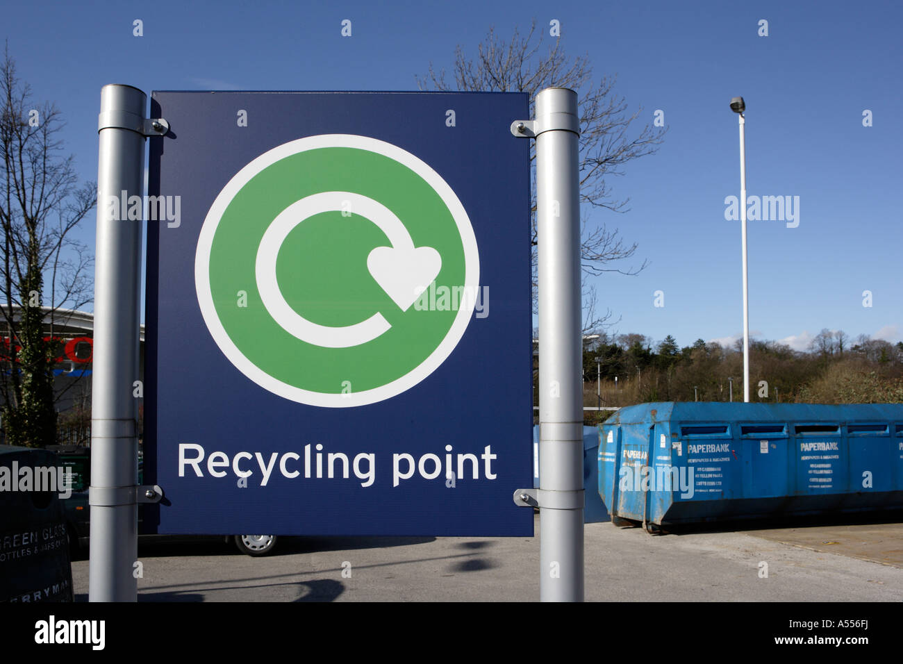 Recycling Point sign with recycling bins Stock Photo - Alamy