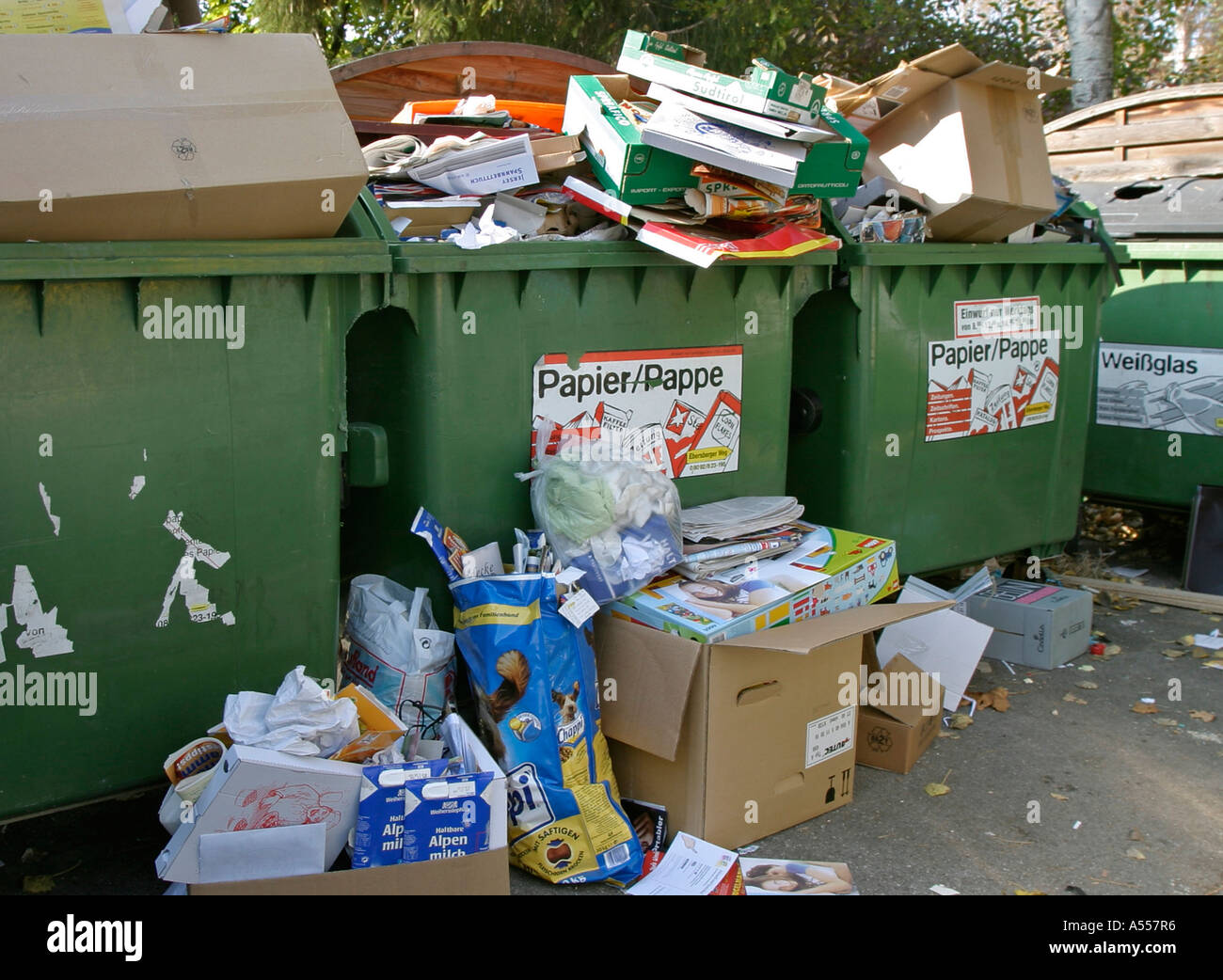 Market Swabia, DEU, 16.10.2005 - overcrowded waste paper containers are ...