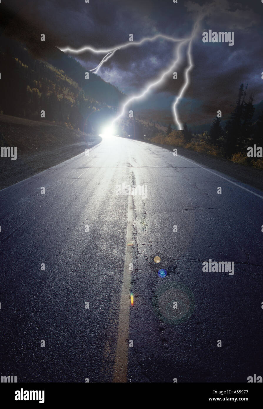 Lightning striking road Stock Photo - Alamy