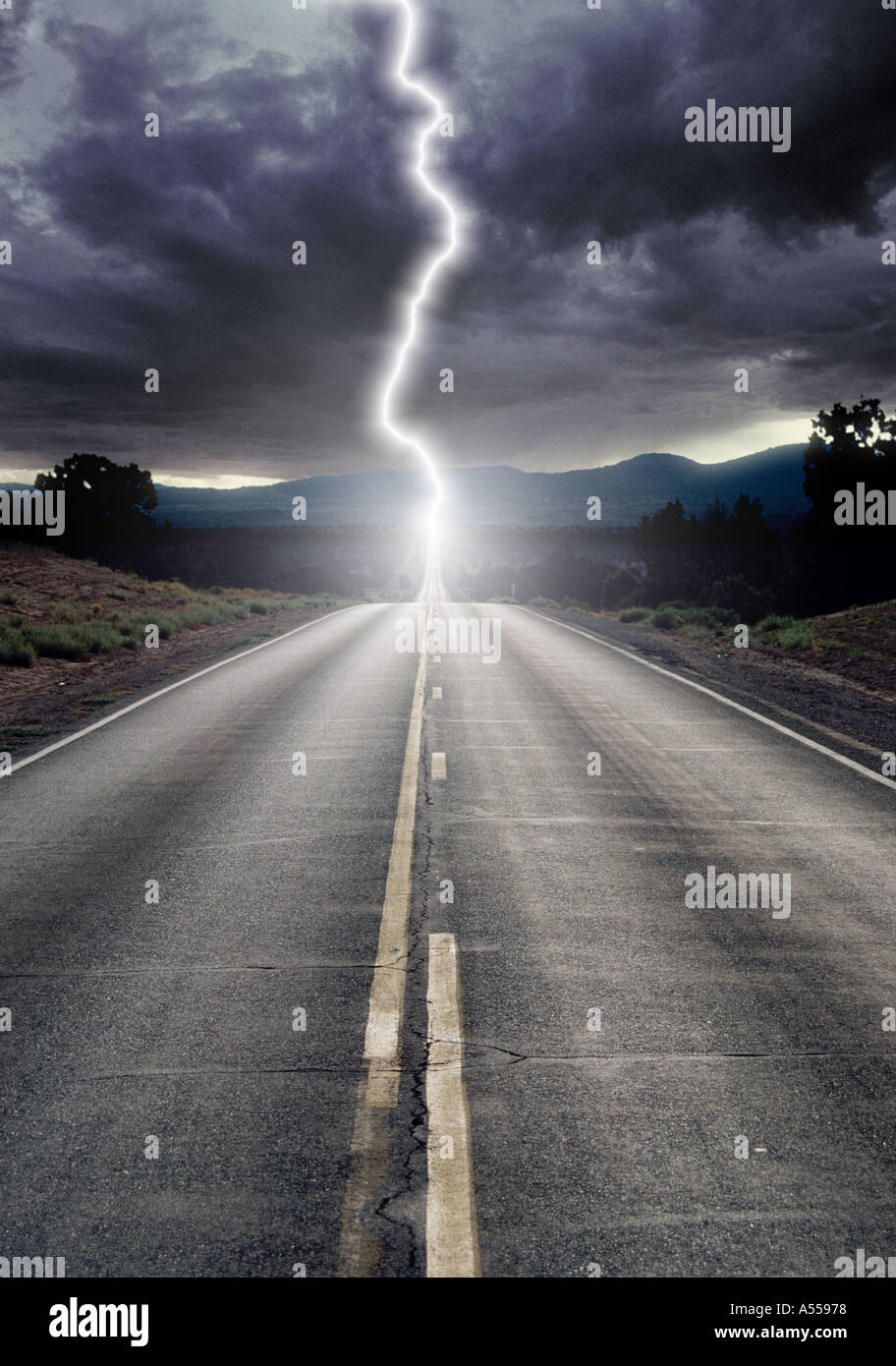 Lightning striking road Stock Photo - Alamy