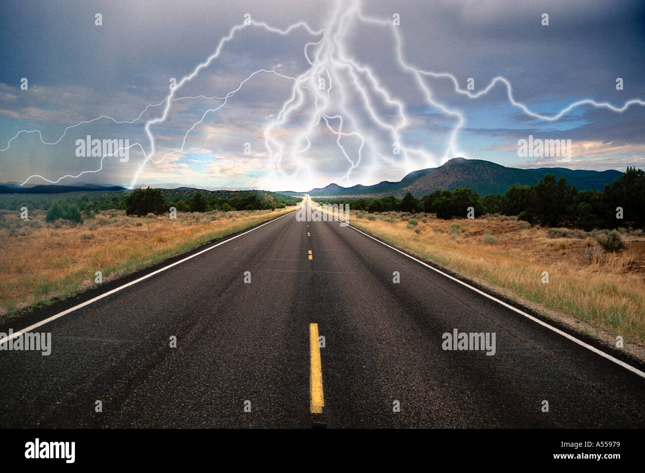 Lightning striking road Stock Photo - Alamy