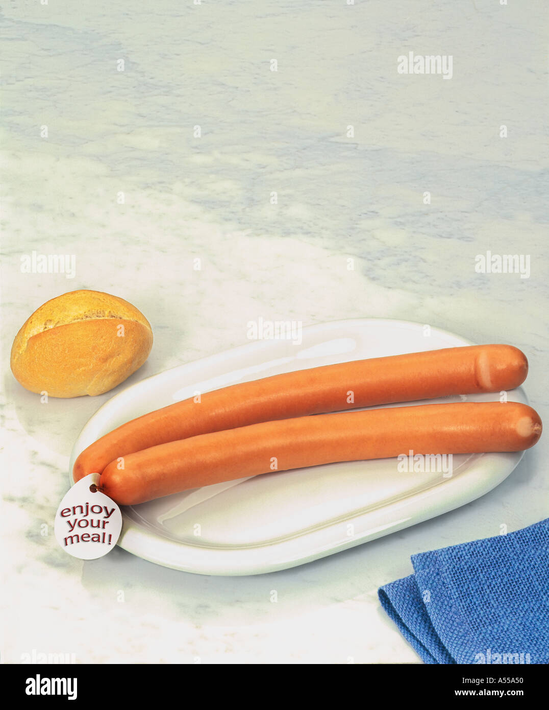 vienna sausage and white bread on plate white marble background with a ...