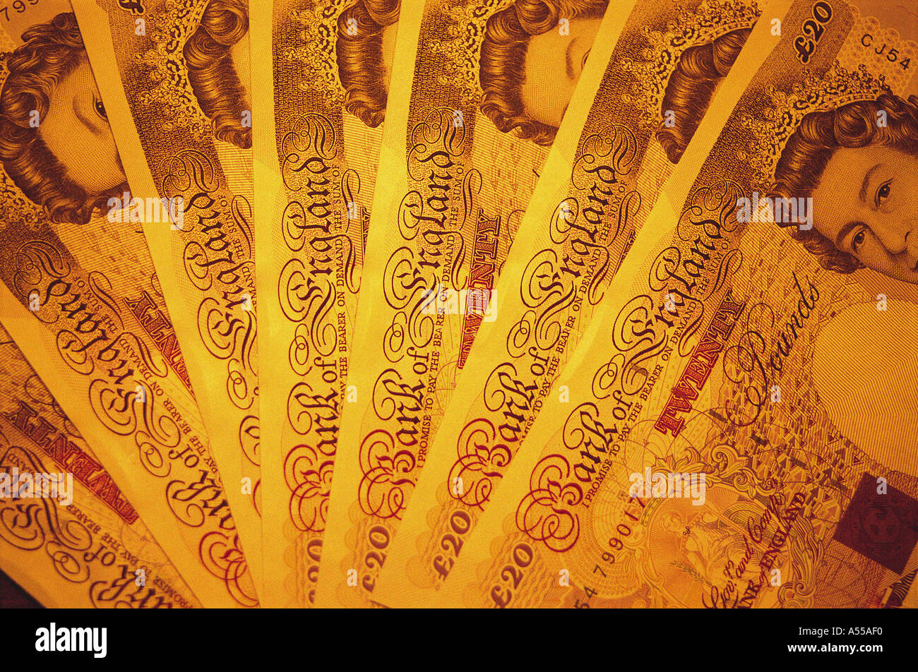 Close up of Fan of English twenty pound notes money banknote banknotes ...