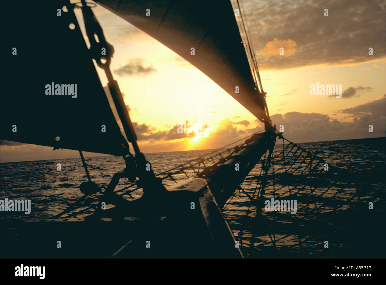 Bowsprite bow sail sunset mid atlantic trans atlantic ocean tall ship ...